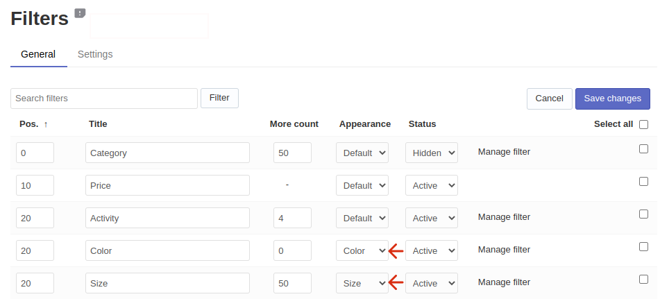 Setting up color and size filters on Magento 2 | Searchanise Documentation