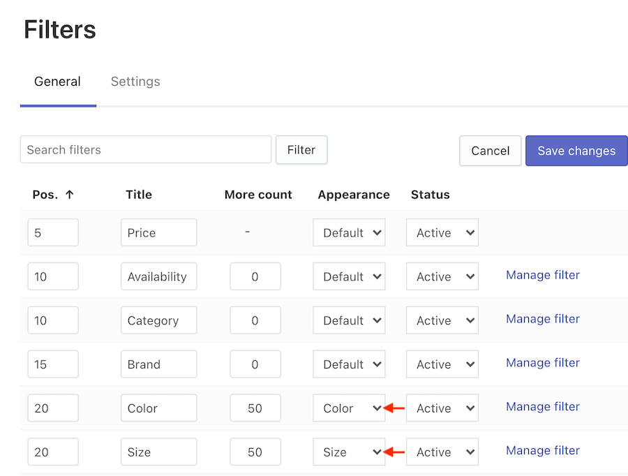 Setting up color and size filters on BigCommerce | Searchanise Documentation