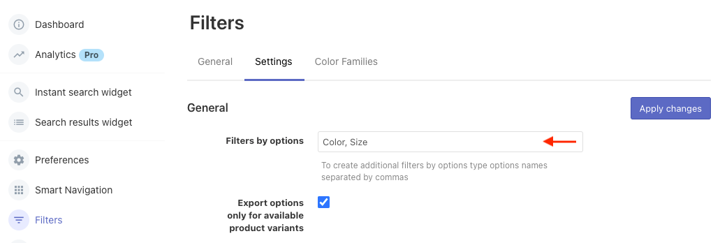 Setting up color and size filters on BigCommerce | Searchanise ...